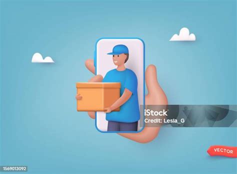 포장과 택배로 온라인 배송 서비스 배달 서비스 또는 배달 추적 모바일 응용 프로그램이 있는 스마트폰을 들고 있습니다 3d 웹 벡터 그림입니다 손에 대한 스톡 벡터 아트 및