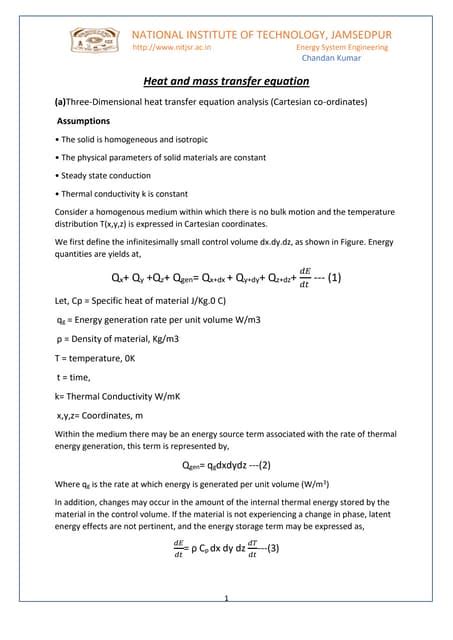 Heat And Mass Transfer Equation Continuity Equation Momentum Equation