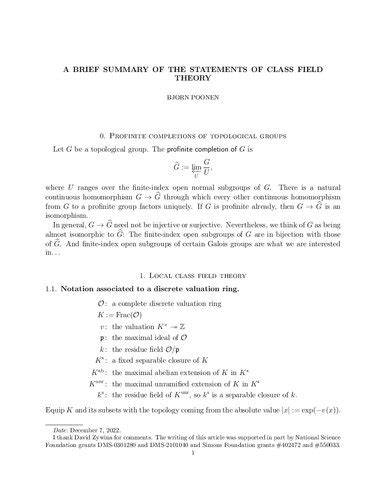 A Brief Summary Of The Main Statements Of Class Field Theory Pdfepub