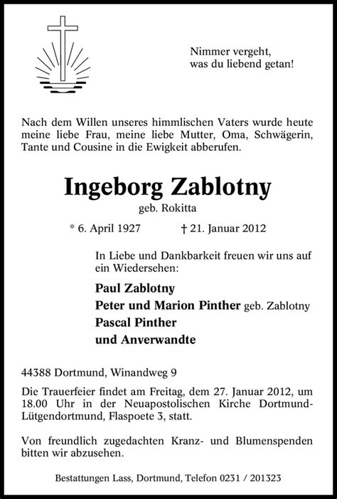 Traueranzeigen Von Ingeborg Zablotny Trauer In Nrwde