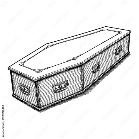 Detailed Coffin Perspective View Black And White Outline Line Art