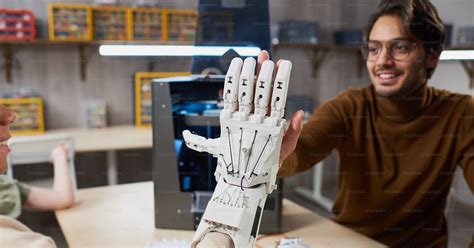 로봇 팔을 손에 얹고 제어하려고 하는 학생 로봇 수업 중 선생님에게 하이파이브를 하는 모습 사진 Unsplash의 10 11세 이미지