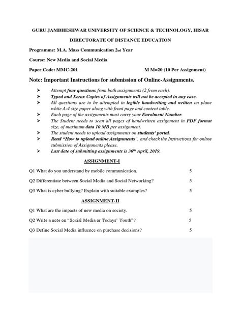 Instructions For Submitting Online Assignments For Various Mass Communication Courses At Guru
