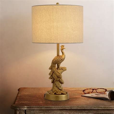 Mid Century Modern Golden Resin Peacock Table Lamp With Usb Charging