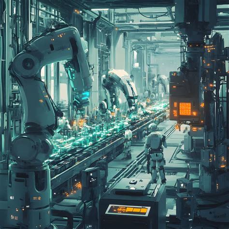 Industrial Automation A Futuristic Scene Of An Automated Factory With Robotic Arms And