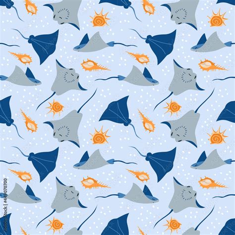Vector Seamless Marine Pattern With Cartoon Stingrays And Shells