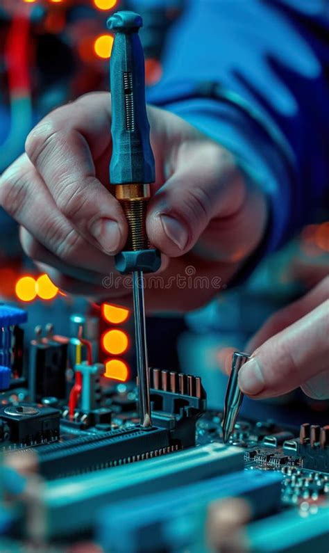 Technician With Tester Repair Or Check Computer Motherboard Or Digital