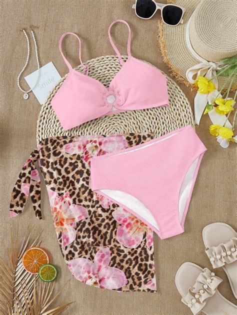 Teen Girls Leopard Tropic Flower Casual Minimalist Style Bikini
