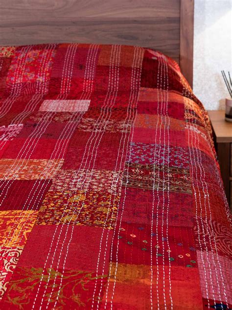 Red Silk Patchwork Indian Bedspread Silk Road Gallery