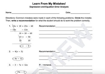 Expressions And Equations Error Analysis By Ashley Henderson TPT