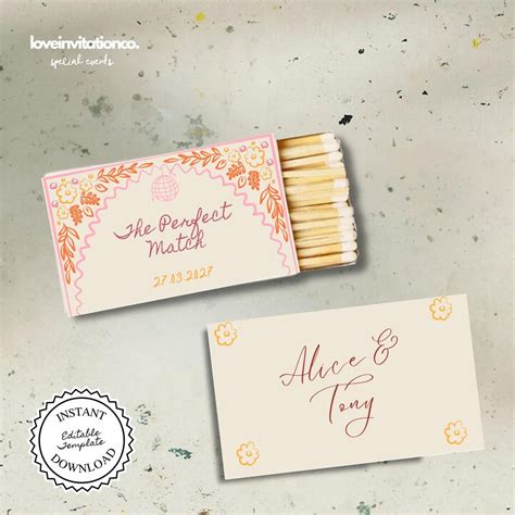 Editable Wedding Matchbox Template The Perfect Match Favor Custom Match
