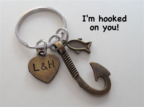 Personalized Bronze Fish Hook Keychain With Tiny Fish Charm Im