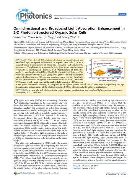 Pdf Omnidirectional And Broadband Light Absorption Enhancement In 2 D Photonic Structured