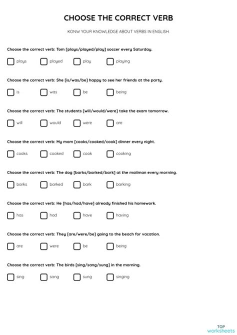 Choose The Correct Verb Interactive Worksheet Topworksheets