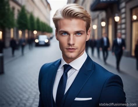 German Male Model With Blue Eyes And Blond Hair Wearing Suit And Tie In
