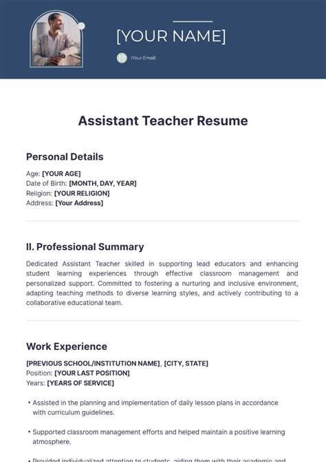 Assistant Teacher Resume Edit Online And Download Example