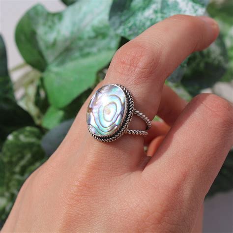 Sterling Silver Large Abalone Shell Ring 925 Silver Twist Etsy