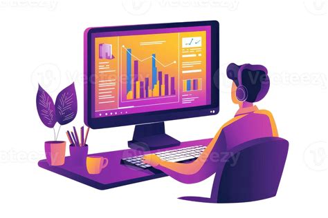 A Person Analyzing Colorful Data Visualizations On A Monitor While Seated At A Desk With Plants