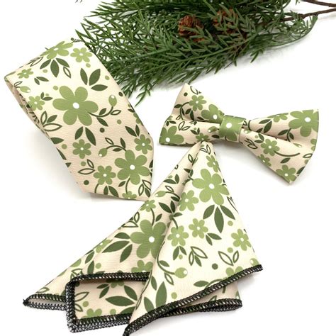 Green Tie Olive Green Tie Floral Mens Tie Beige Background Tie