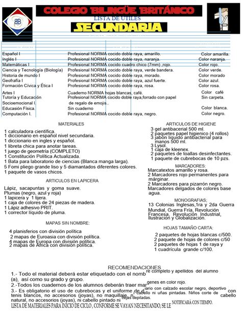 Lista De Utiles Secundaria Pdf Color Cuaderno