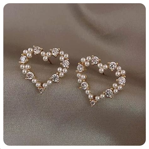 Heart Rhinestones Pearl Wedding Earrings Crystal Heart Earrings
