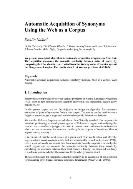 Automatic Acquisition Of Synonyms Using The Web As A Corpus Pdf