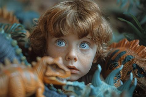 Premium Photo Young Boy Surrounded By Toy Dinosaurs Displays Wonder