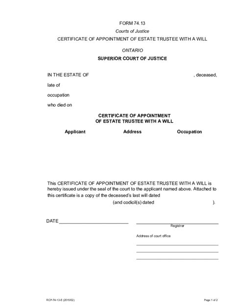 Form 74 13 Courts Of Justice Certificate Of Appointment Of Estate