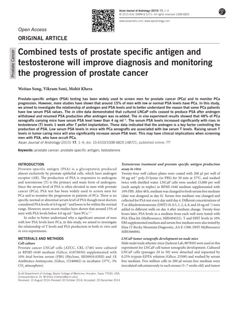 Pdf Combined Tests Of Prostate Specific Antigen And Testosterone Will