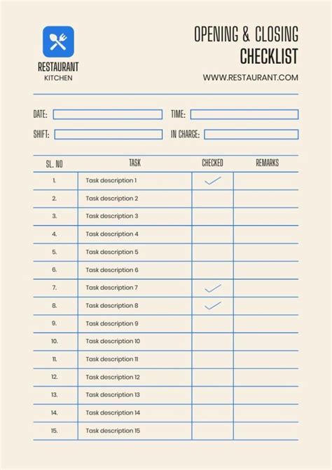 Restaurant Opening And Closing Checklist Template Free Printable Templates