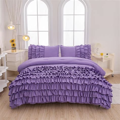 Mwmwmw Lavender Princess Ruffle Comforter 3 Pieces Purple