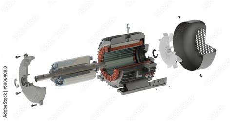 Electric Motor Section Exploded View 3d Rendering Isolated On White