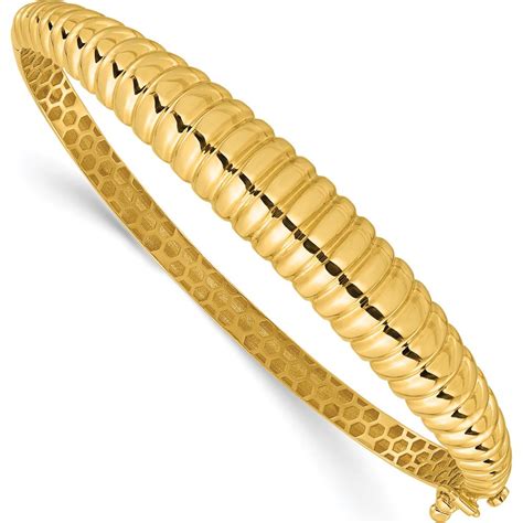 14k Yellow Gold Polished And Textured Graduated Hinged Oval Bangle Bra
