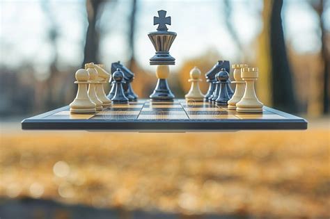 chess pieces in a creative floating display on a minimalist board