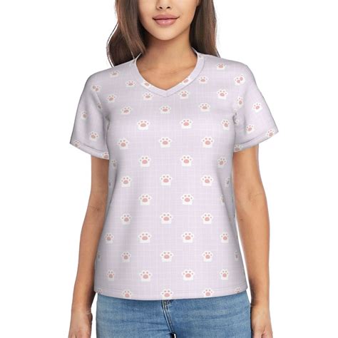 Fuzoiu Kawaii Cat Paw Print Womens Classic V Neck T Shirt Short