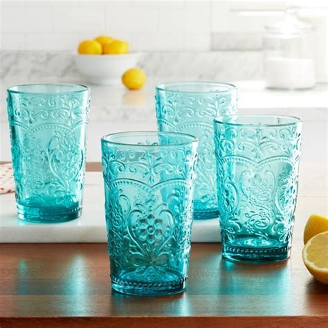 The Pioneer Woman Amelia Teal Glass Tumbler 15 22 Oz Set Of 4 New Ebay