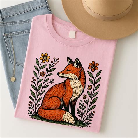 Folk Art Fox Floral T Shirt Woodland Cottagecore Nature Tee Etsy
