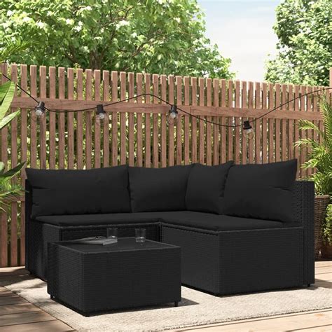 Vidaxl 4 Piece Garden Lounge Set With Cushions Black Poly Rattan