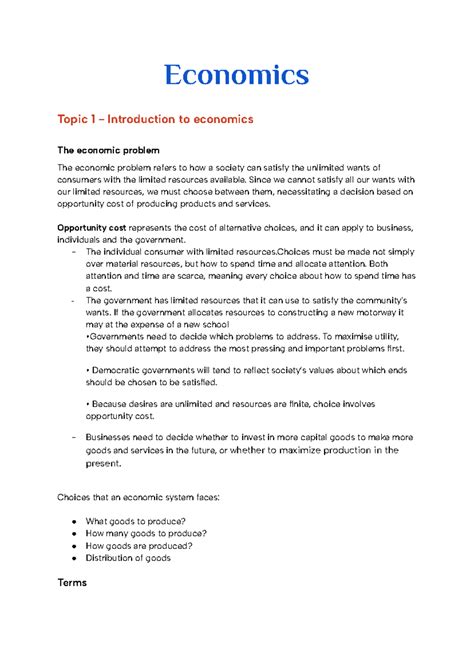 Economics Notes Economics Topic 1 Introduction To Economics The
