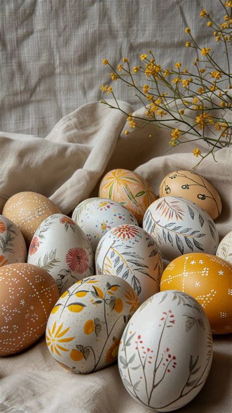 Easter Eggs Decorated With Natural Plant Patterns Natural Linen Fabric