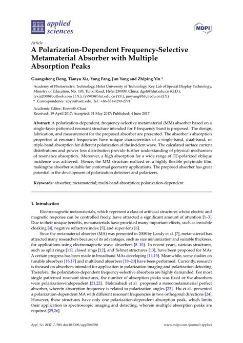 Pdf A Polarization Dependent Frequency Selective Metamaterial Absorber With Multiple
