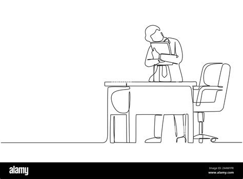 Single Continuous Line Drawing Businessman Hugging Laptop At Office