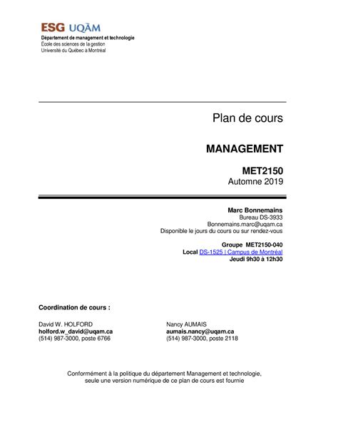 Met2150 Groupe 040 Plan Cours A2019 Plan De Cours Management Met Automne 2019 Marc