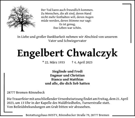 Traueranzeigen Von Engelbert Chwalczyk Trauer And Gedenken