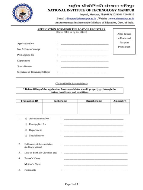 Fillable Online Application Form For The Post Of Registrar Nit