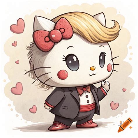 Hello Kitty Character Dressed In A Dark Suit With Blond Hair Surrounded By Pink Hearts On Craiyon