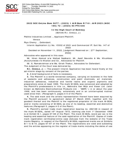 Pidilite V Riya 2022 Bom Hc Mseal Rseal Pdf Trademark Copyright