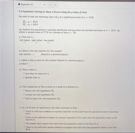 solved 9 5 hypothesis testing for mean σ known using the