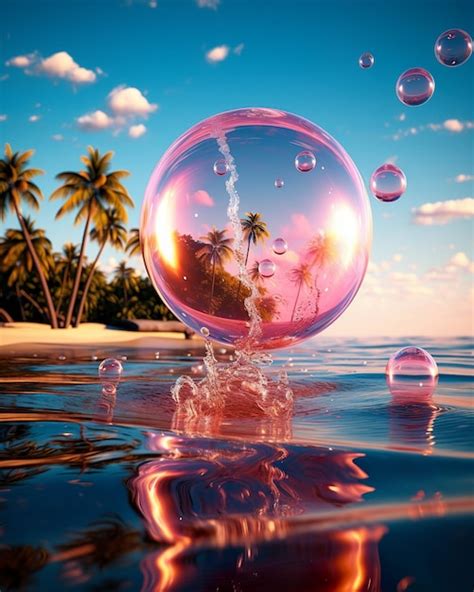 Premium Ai Image Pink Bubbles Floating Above The Ocean With Palm
