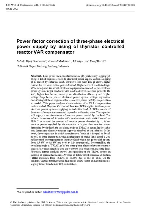 Pdf Power Factor Correction Of Three Phase Electrical Power Supply By Using Of Thyristor